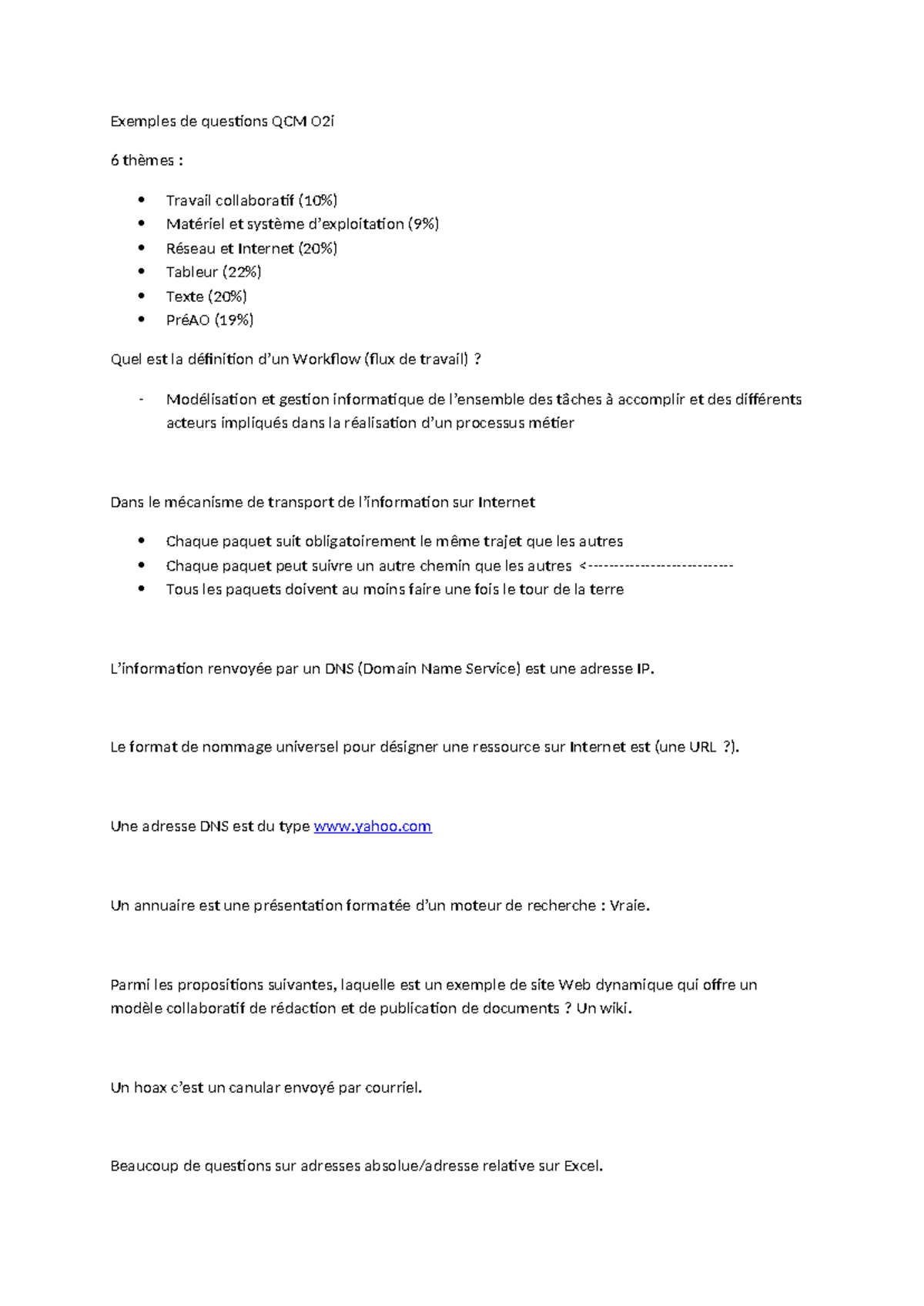 Exemples de questions QCM MTU - Exemples de questions QCM O2i 6 thèmes ...