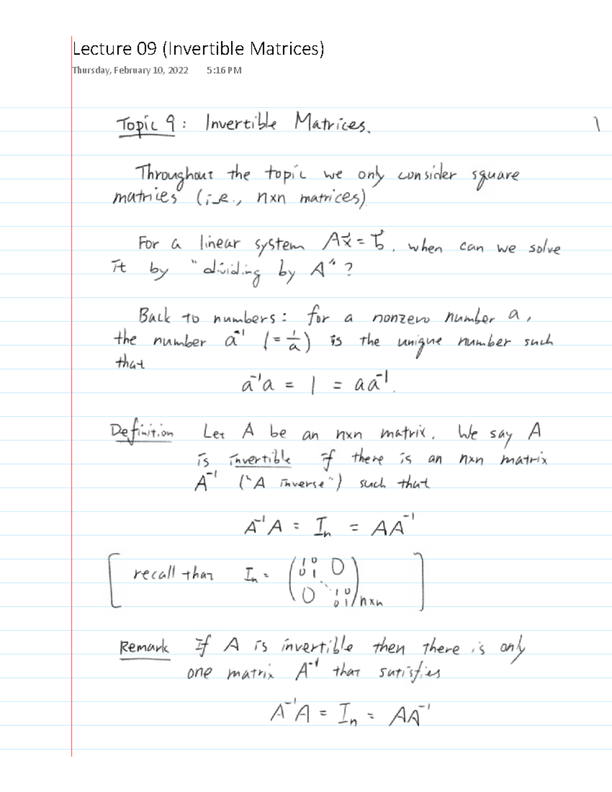 Lecture 09: Invertible Matrices Overview and Key Concepts - Studocu