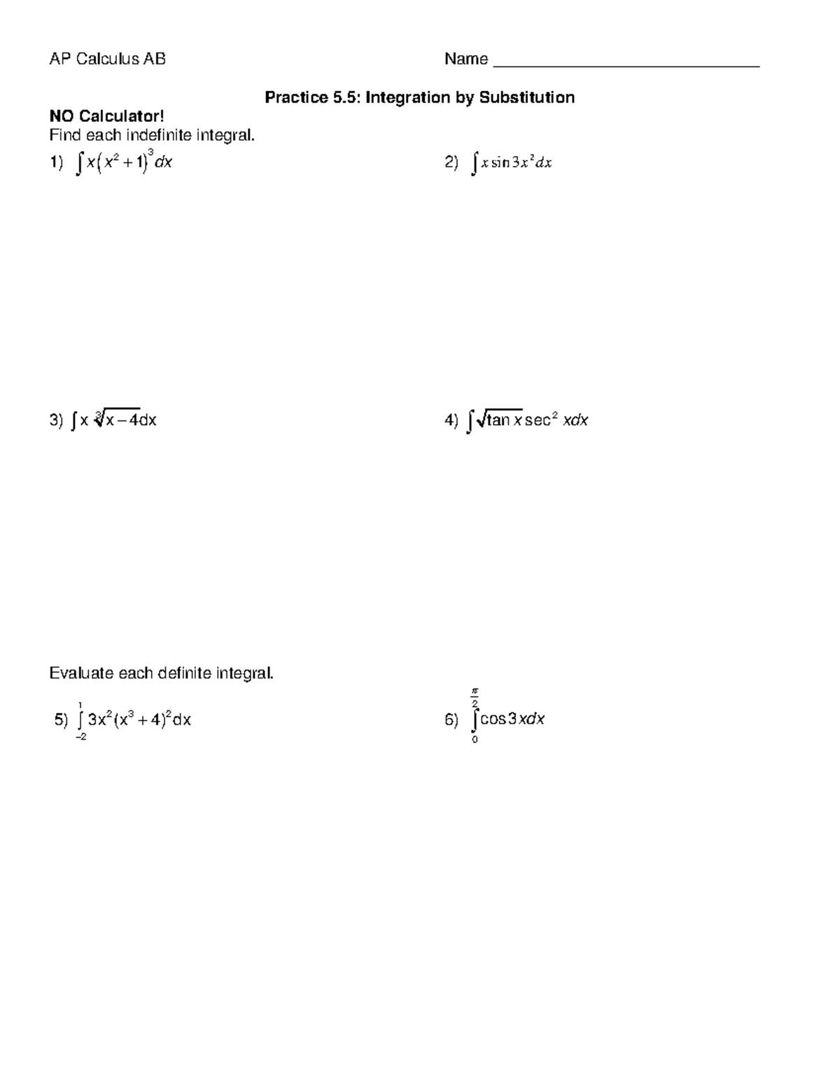 AP Calculus AB: Integration by Substitution Practice Questions - Studocu