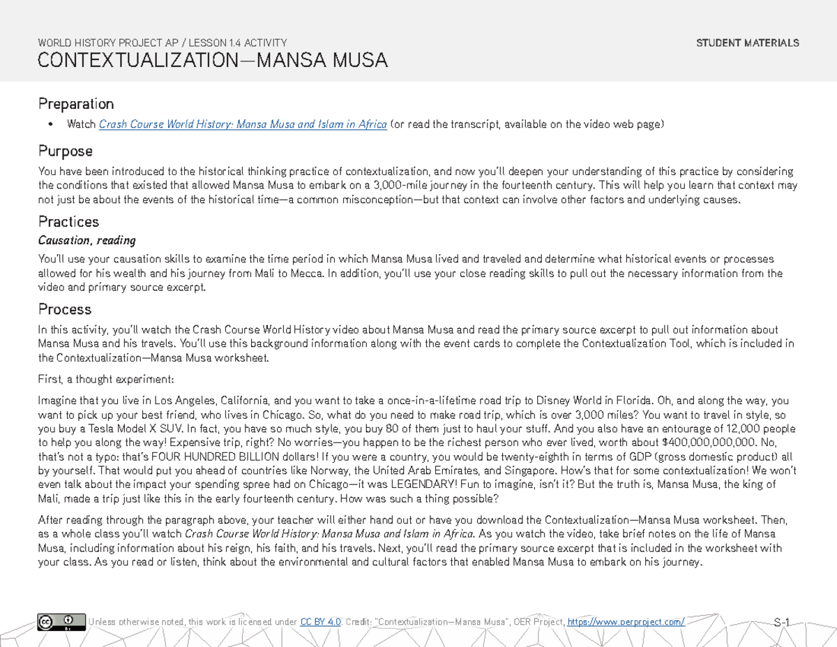 Whpap 143 World History Project AP: Mansa Musa Contextualization Lesson ...