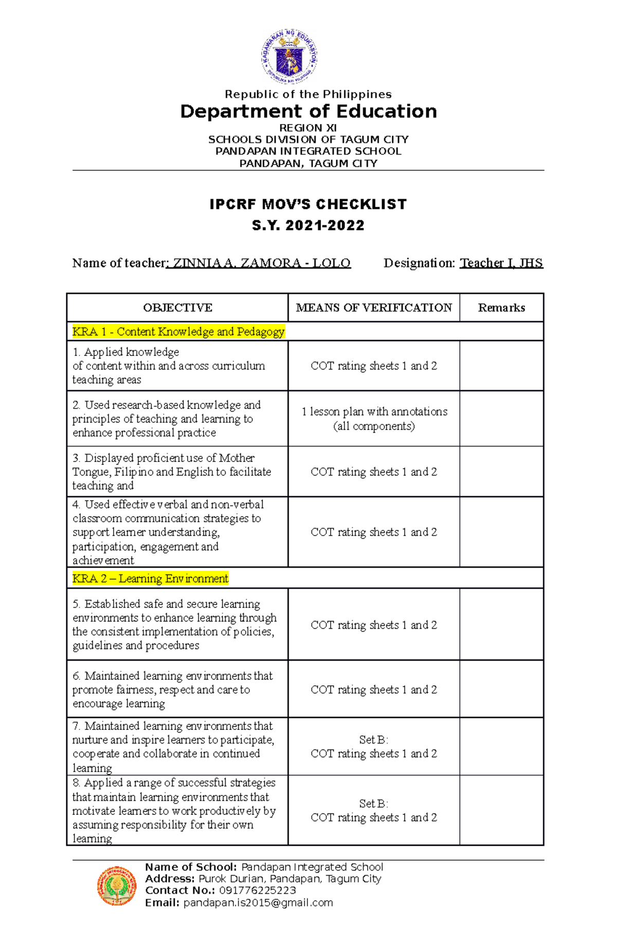 IPCRF Checklist for Teacher I, JHS - S.Y. 2023-2024 - Studocu