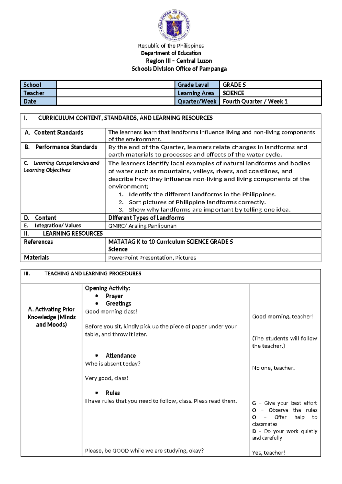 Matatag Lesson Plan in Science for Grade 5 - 4th Quarter Week 1 - Studocu
