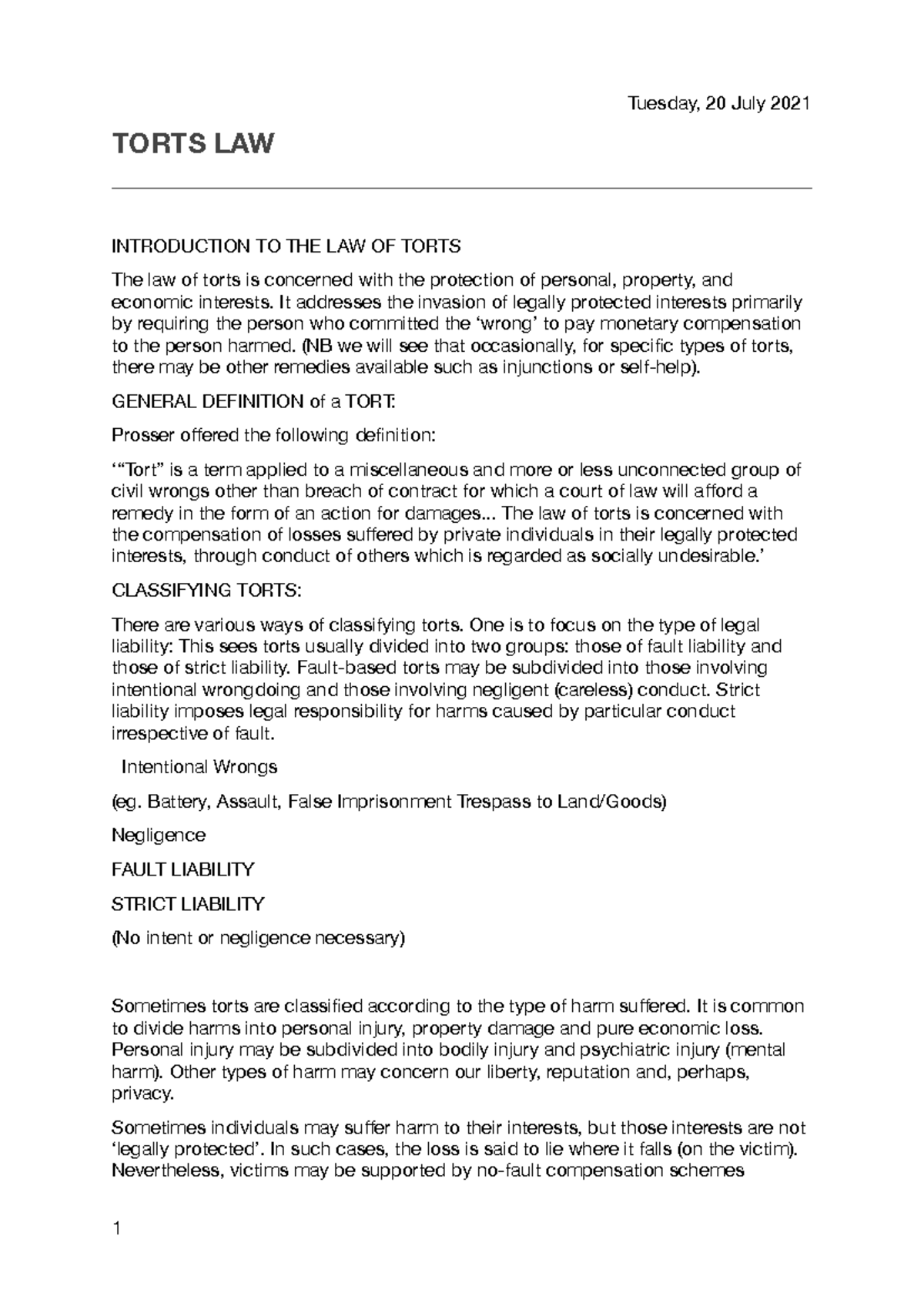TORT LAW lecture notes - TORTS LAW INTRODUCTION TO THE LAW OF TORTS The ...