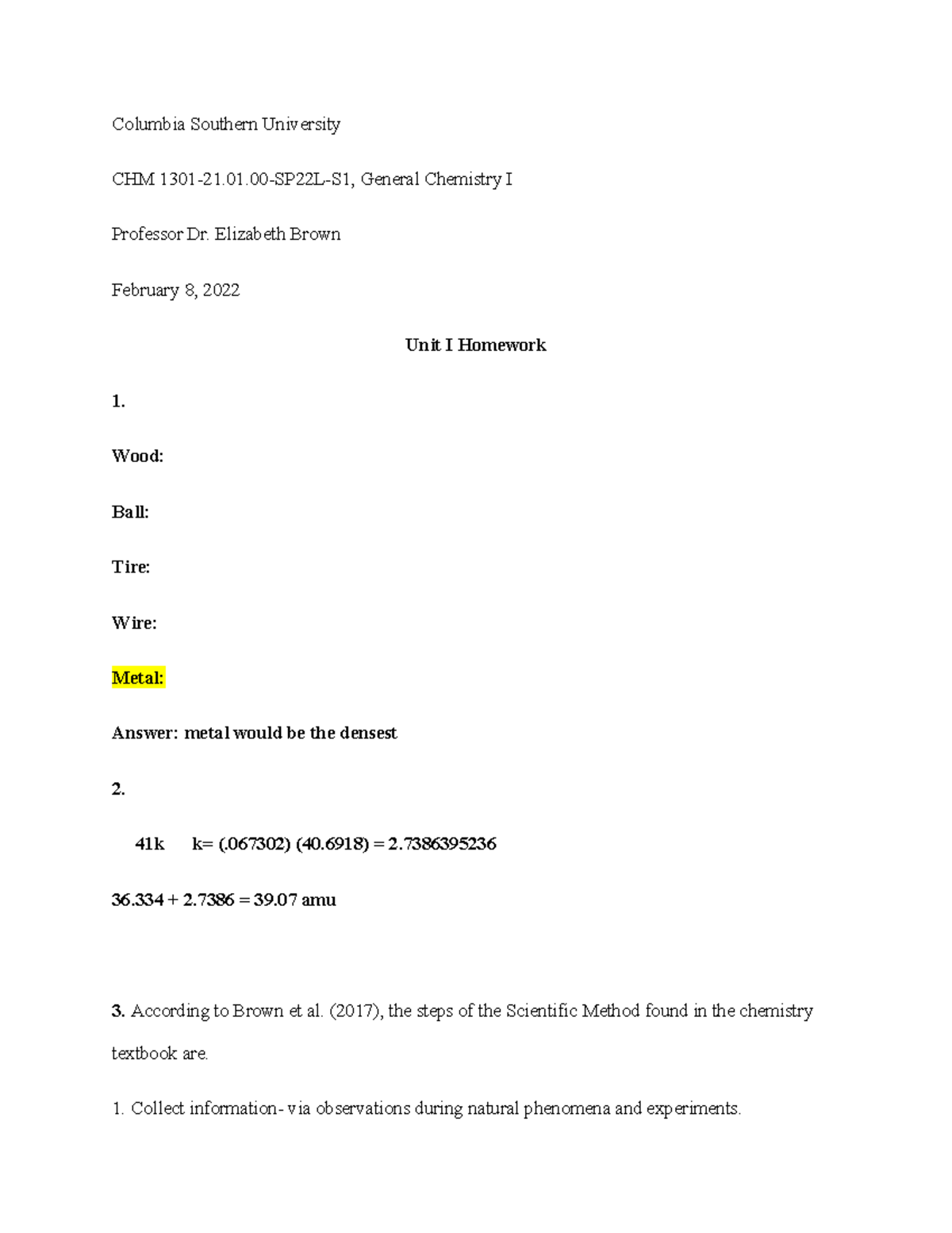CHM 1030 Unit I Home Work Assignment - Columbia Southern University CHM ...