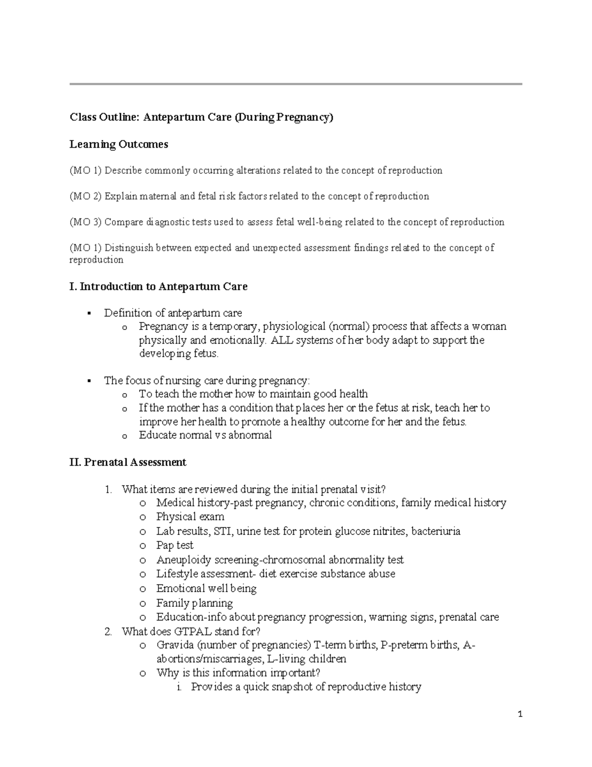 Class Outline: Antepartum Care and Learning Outcomes (MO 1-3) - Studocu