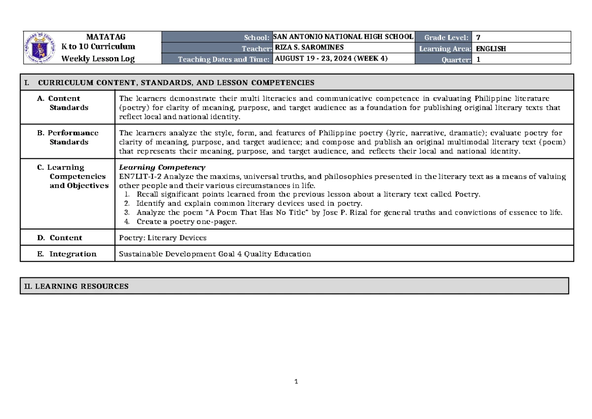 DLL Matatag English 7 Q1 W1 - I. CURRICULUM CONTENT, STANDARDS, AND LESSON COMPETENCIES A ...