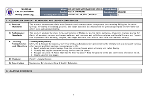 DLL Matatag English 7 Q1 W1 - I. CURRICULUM CONTENT, STANDARDS, AND LESSON COMPETENCIES A ...