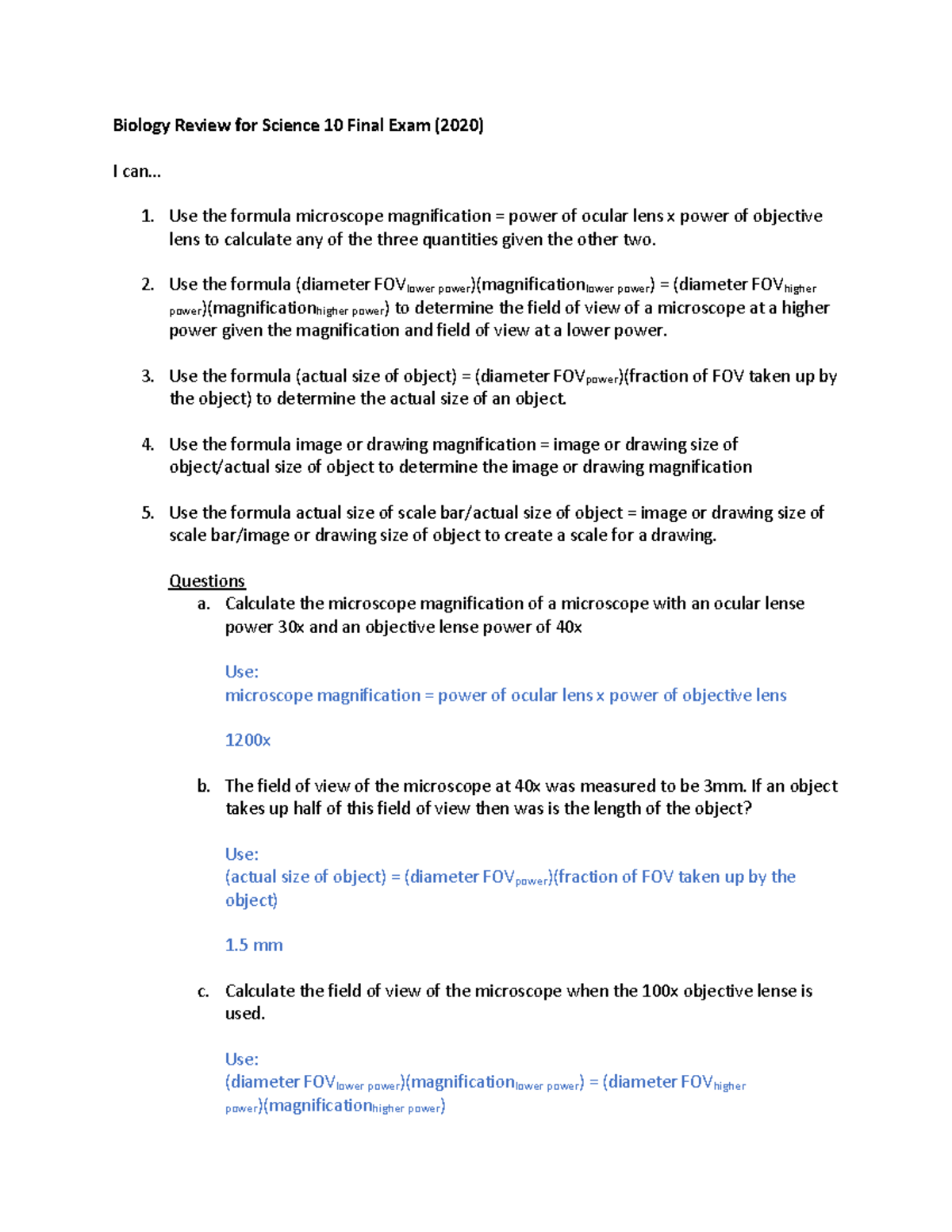 Biology 10 (Alberta) Final Exam Review: Key Concepts & Formulas - Studocu