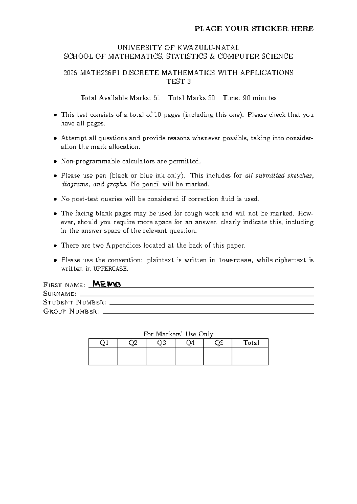 2025 MATH236 P1 Discrete Mathematics Test 3 Guidelines and Memo - Studocu