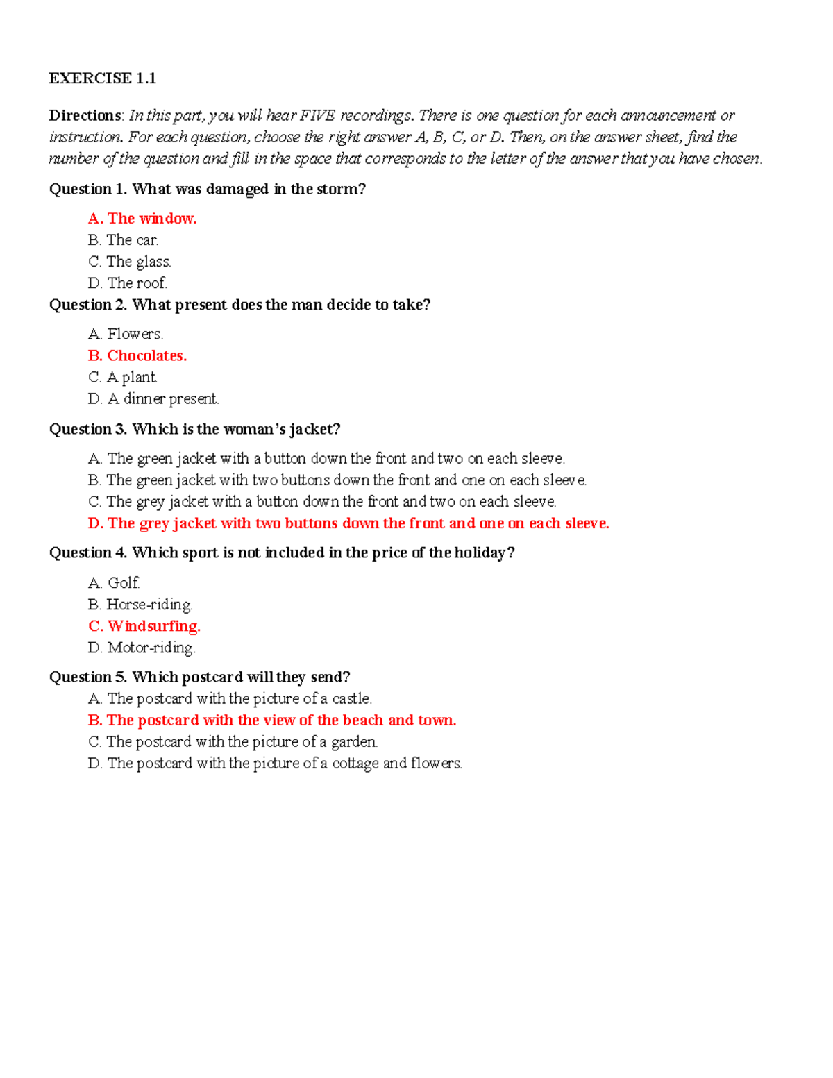 Exercise 1.1 Listening Comprehension Questions and Answers - Studocu