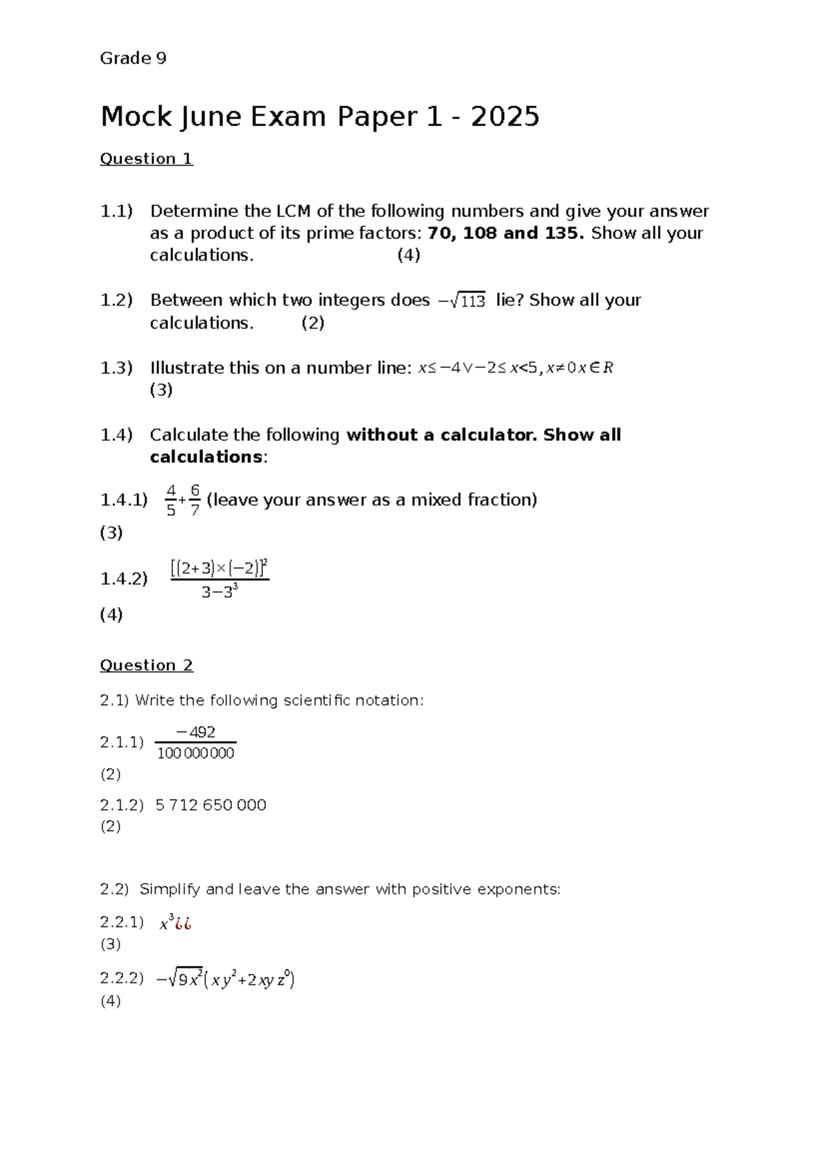 Grade 9 Mock June Exam Paper 1 - 2025 Questions & Solutions - Studocu