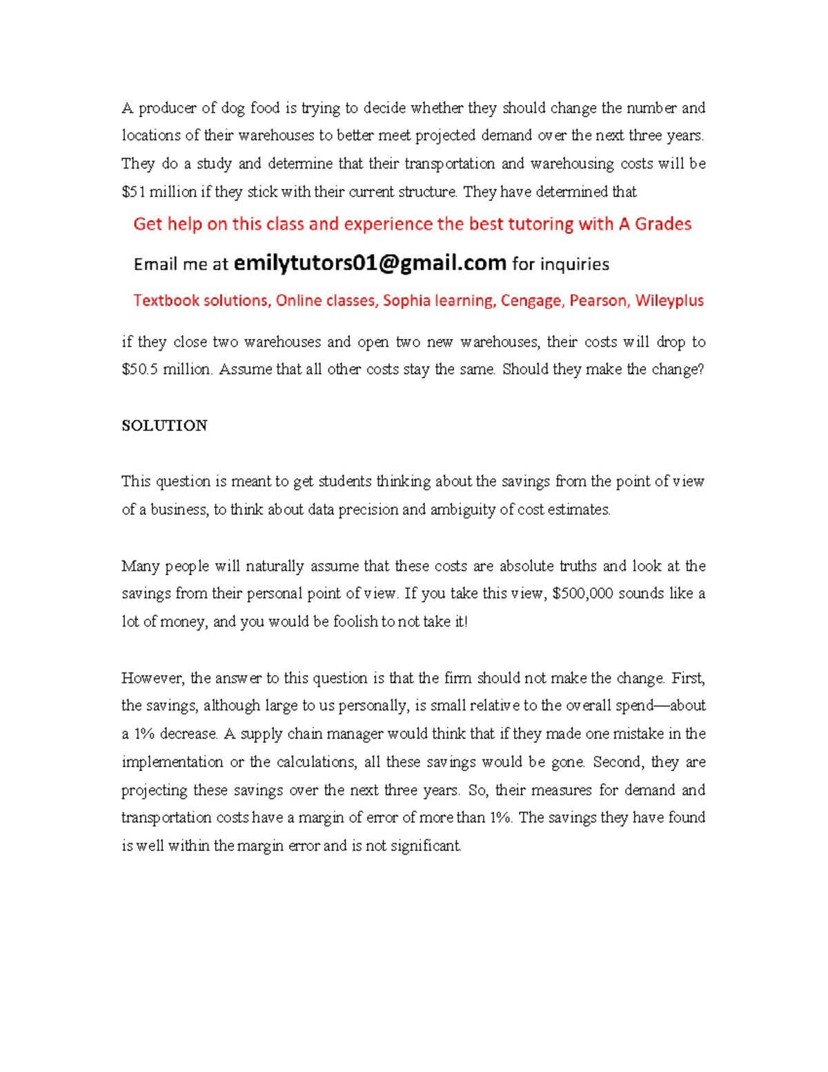 Cost-Benefit Analysis of Warehouse Changes for Dog Food Producer - Studocu