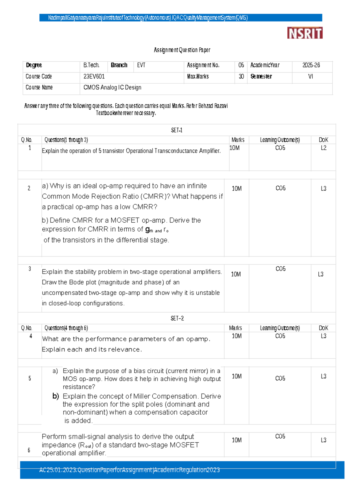 AICD 23EV601 Assignment 5: CMOS Analog IC Design Questions - Studocu