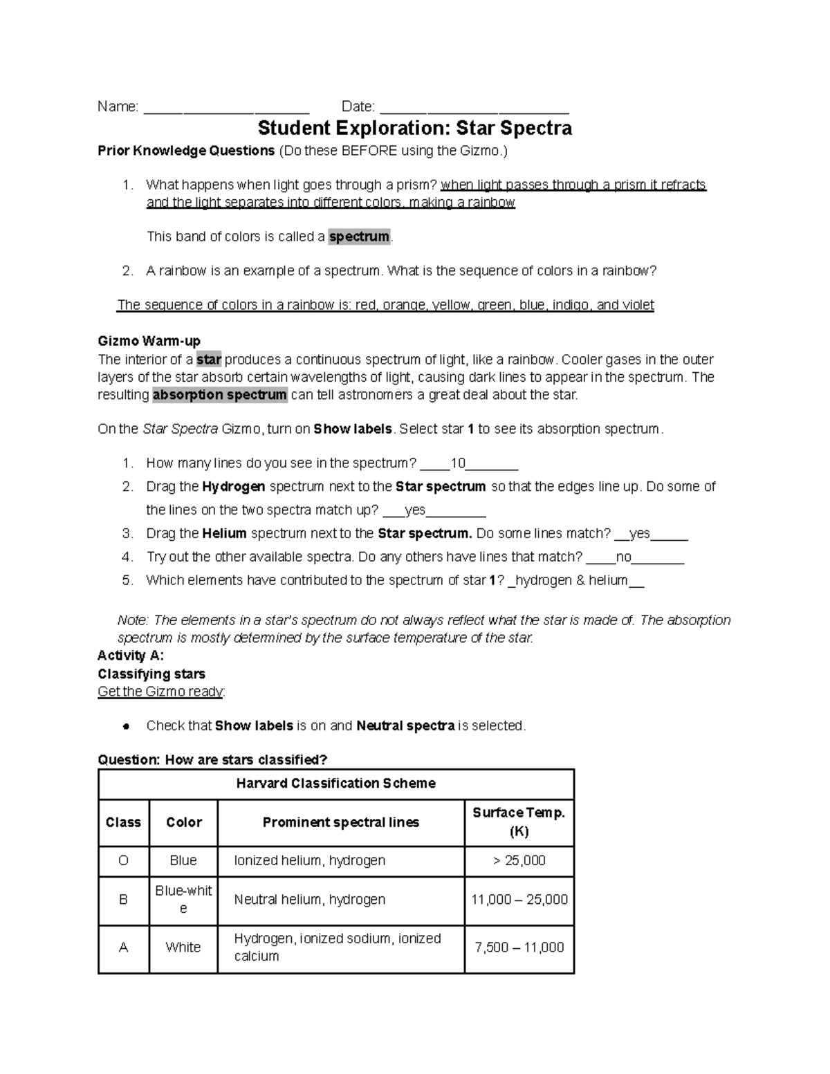 Star Spectra Lab Answer Key: Exploring Stellar Classifications & Light ...