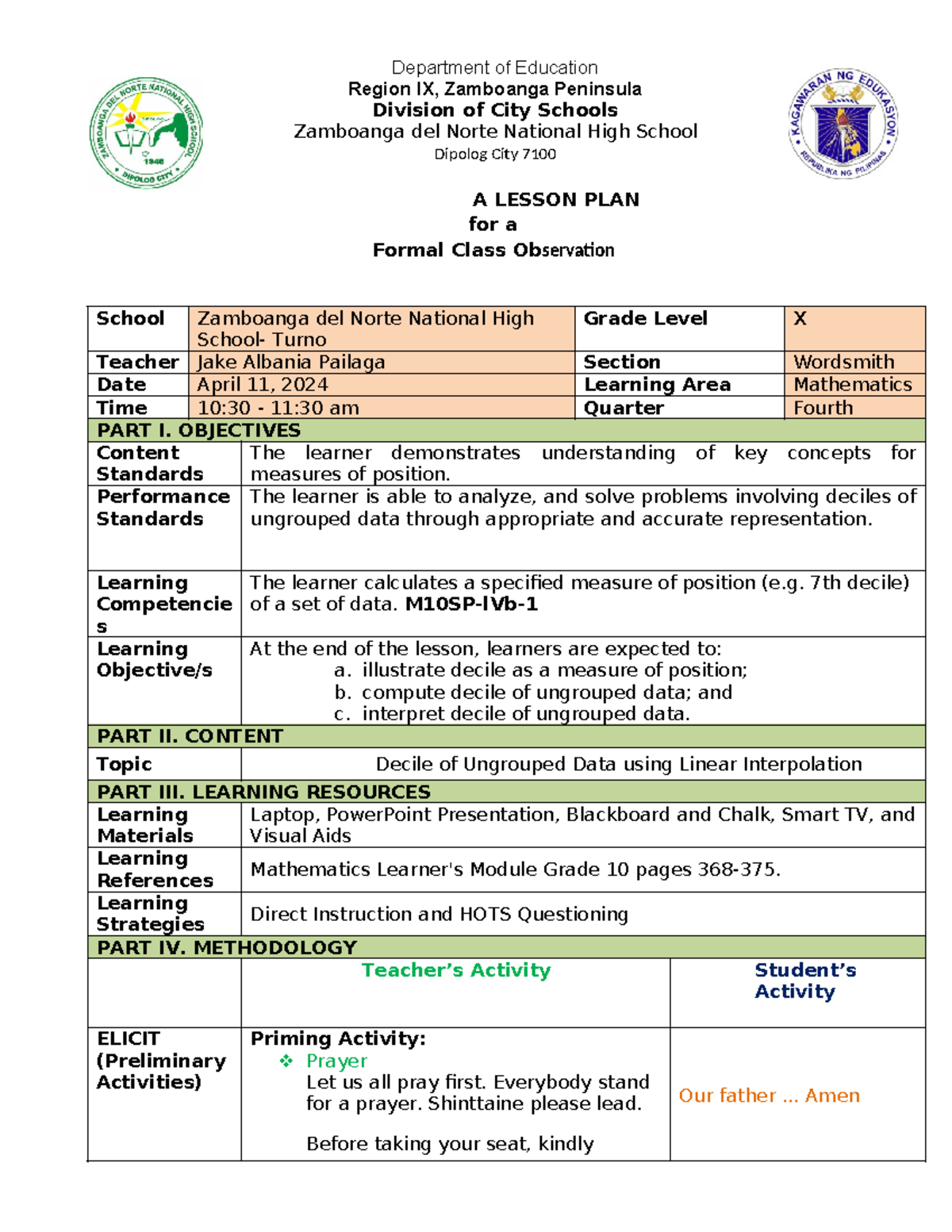Detailed Lesson Plan on Deciles for Math Grade 10 (MATH 10) - Studocu