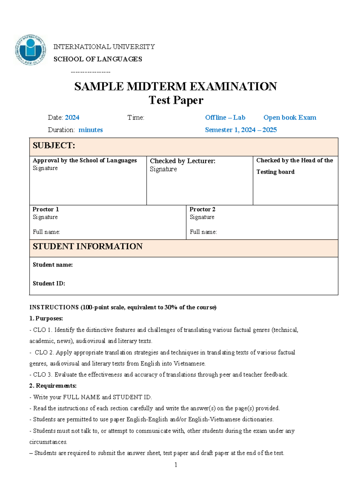 Translation 1 - Sample Midterm Exam Test Paper - Individual Assignment ...