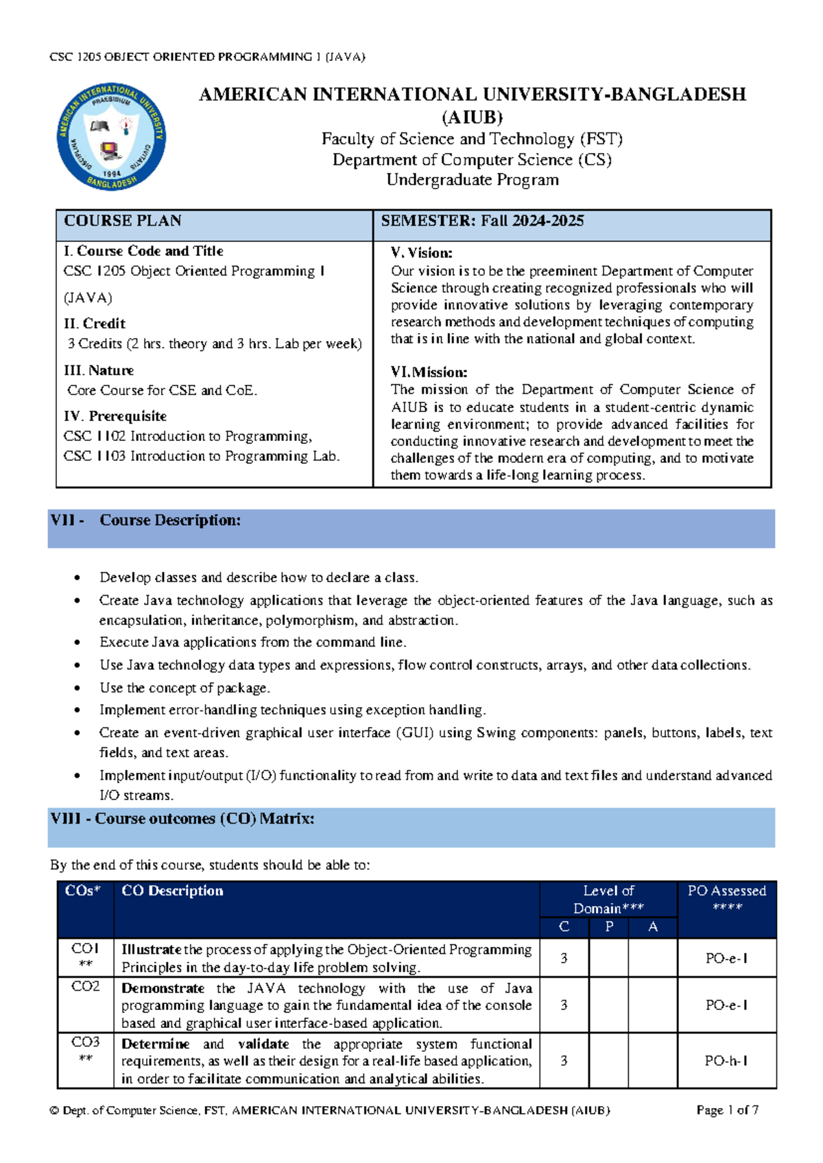 CSC 1205 Object Oriented Programming 1 (Java) Course Plan - Fall 2024 - Studocu