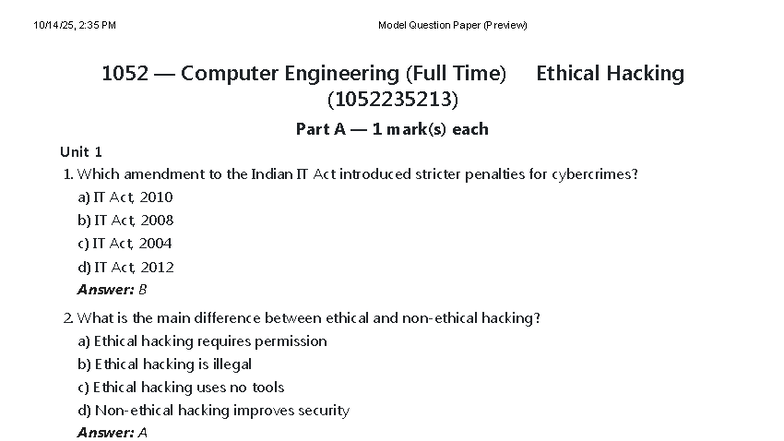 Ethical Hacking Model Question Paper (1052) - Full Time Exam Prep - Studocu