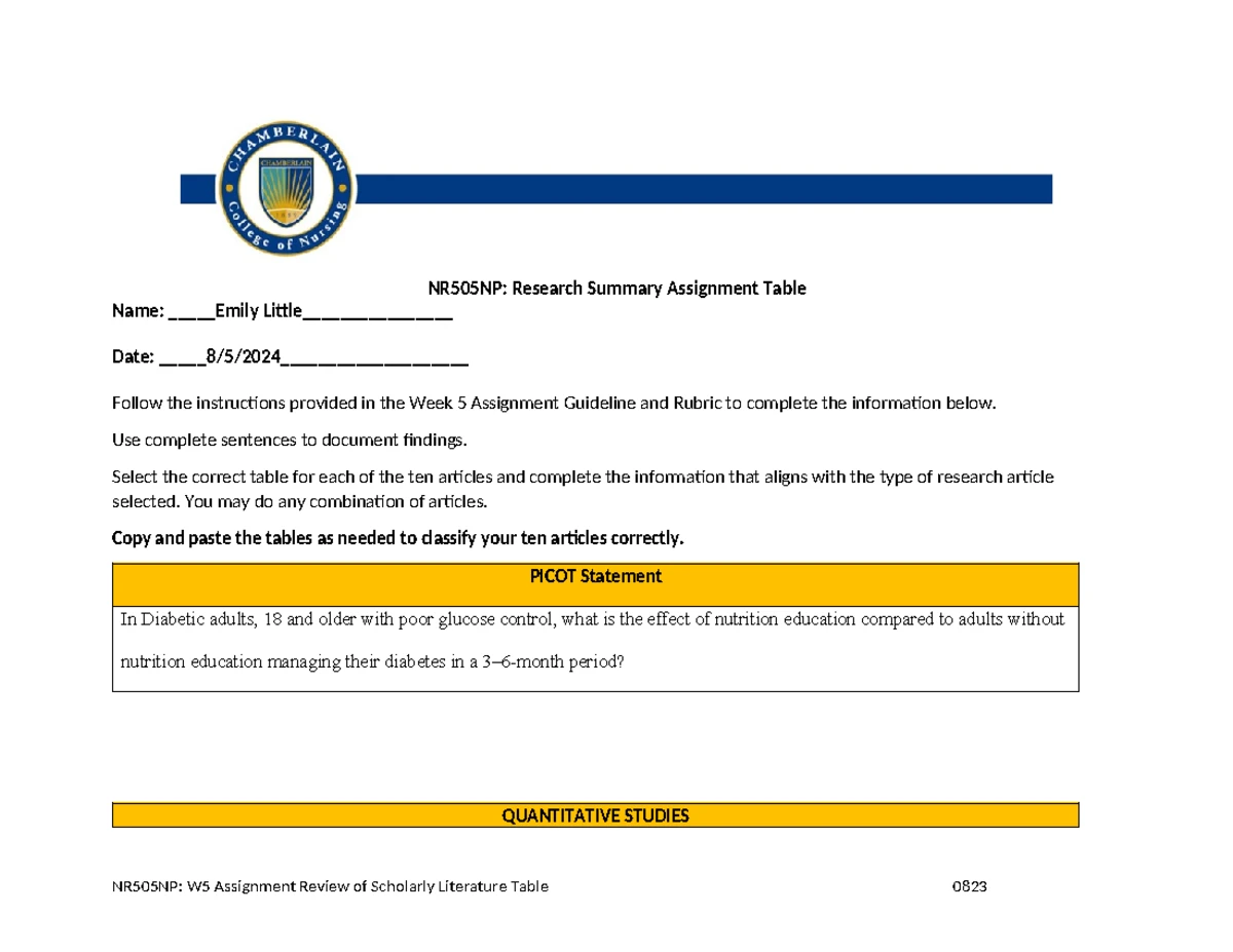 Week 5 NR505 Research Summary Franklin - Week 5: Research Summary ...