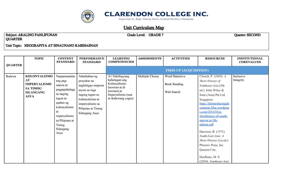 CM AP7-Q2 - For requirements - Unit Curriculum Map Subject: ARALING PANLIPUNAN Grade Level ...