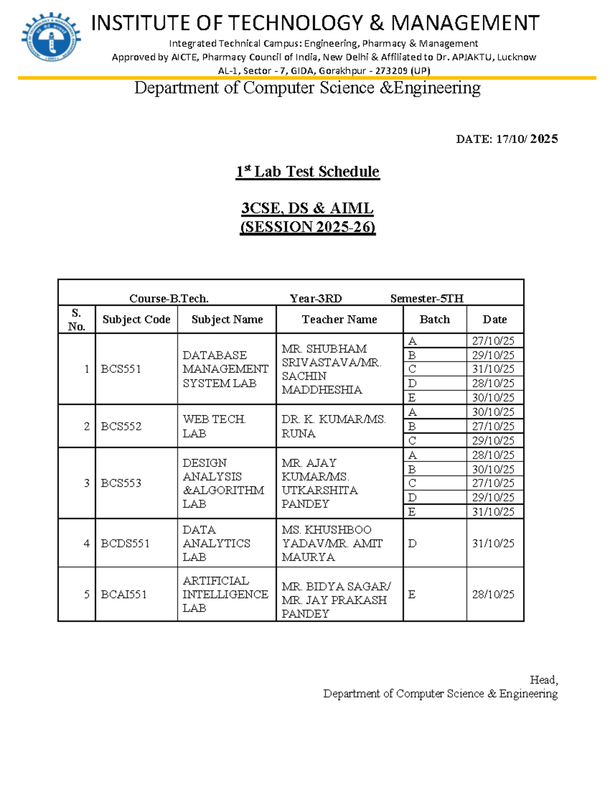 1st Lab Test Schedule for 3CSE (2025-26) - Computer Science - Studocu