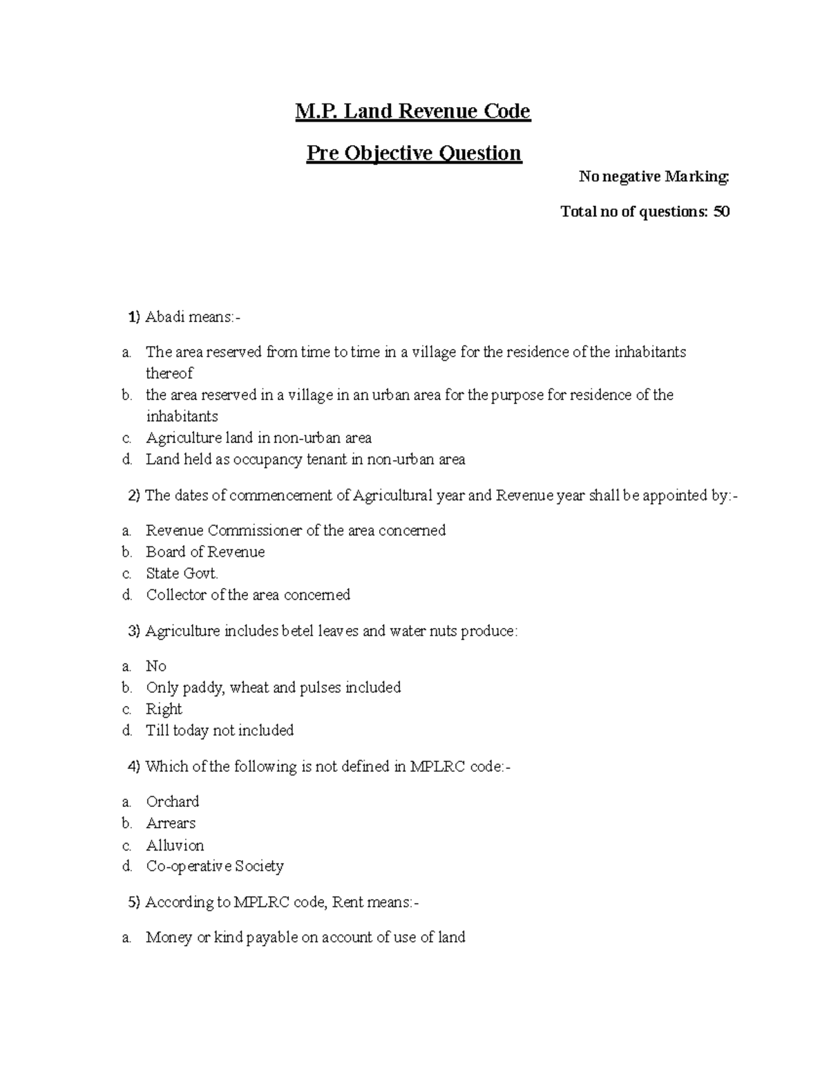 MPLRC 2023 Pre Objective Questions for Land Revenue Code Exam - Studocu