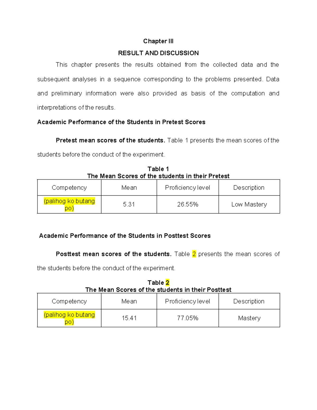Chapter 3: Results and Discussion of Pretest and Posttest Scores ...