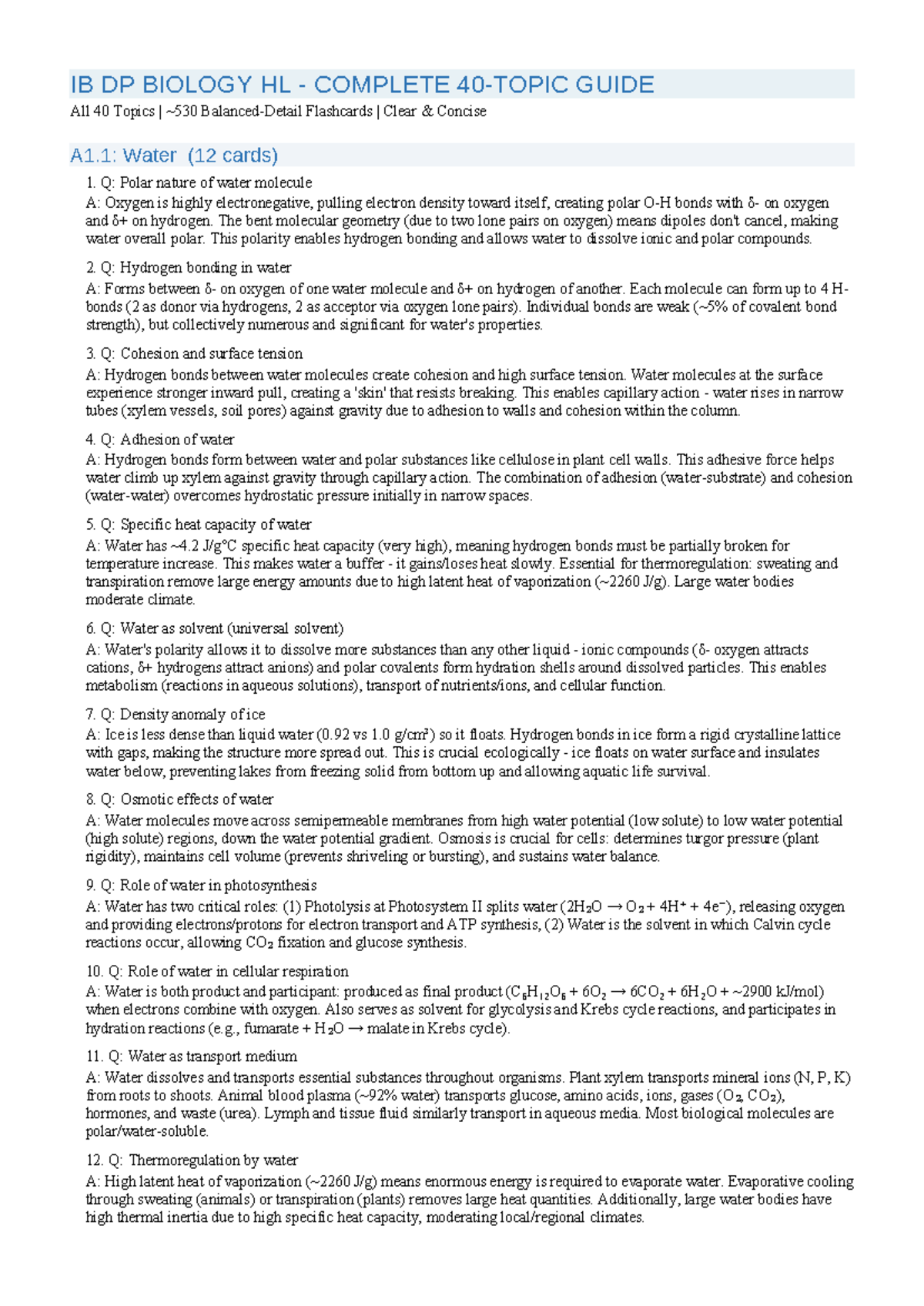 IB DP BIOLOGY HL Final Complete Study Guide on Water & Nucleic Acids ...