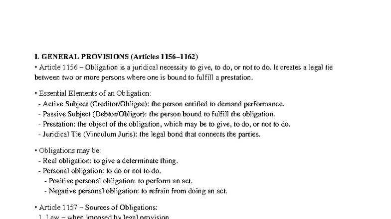 Midterm Study Guide: General Provisions of Obligations (Obligon) - Studocu