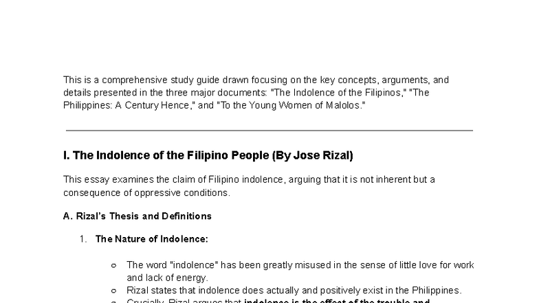 Rizal Reviewer: Key Concepts on Filipino Indolence and Women's ...