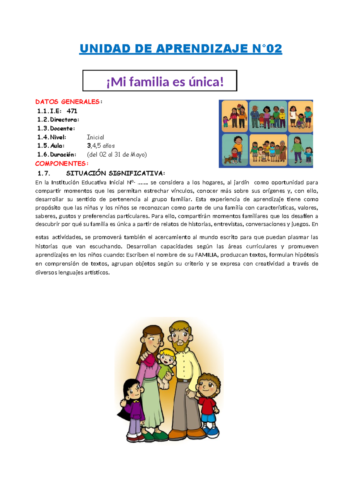 Unidad de Aprendizaje: La Familia es Única - Inicial 3, 4 y 5 Años ...