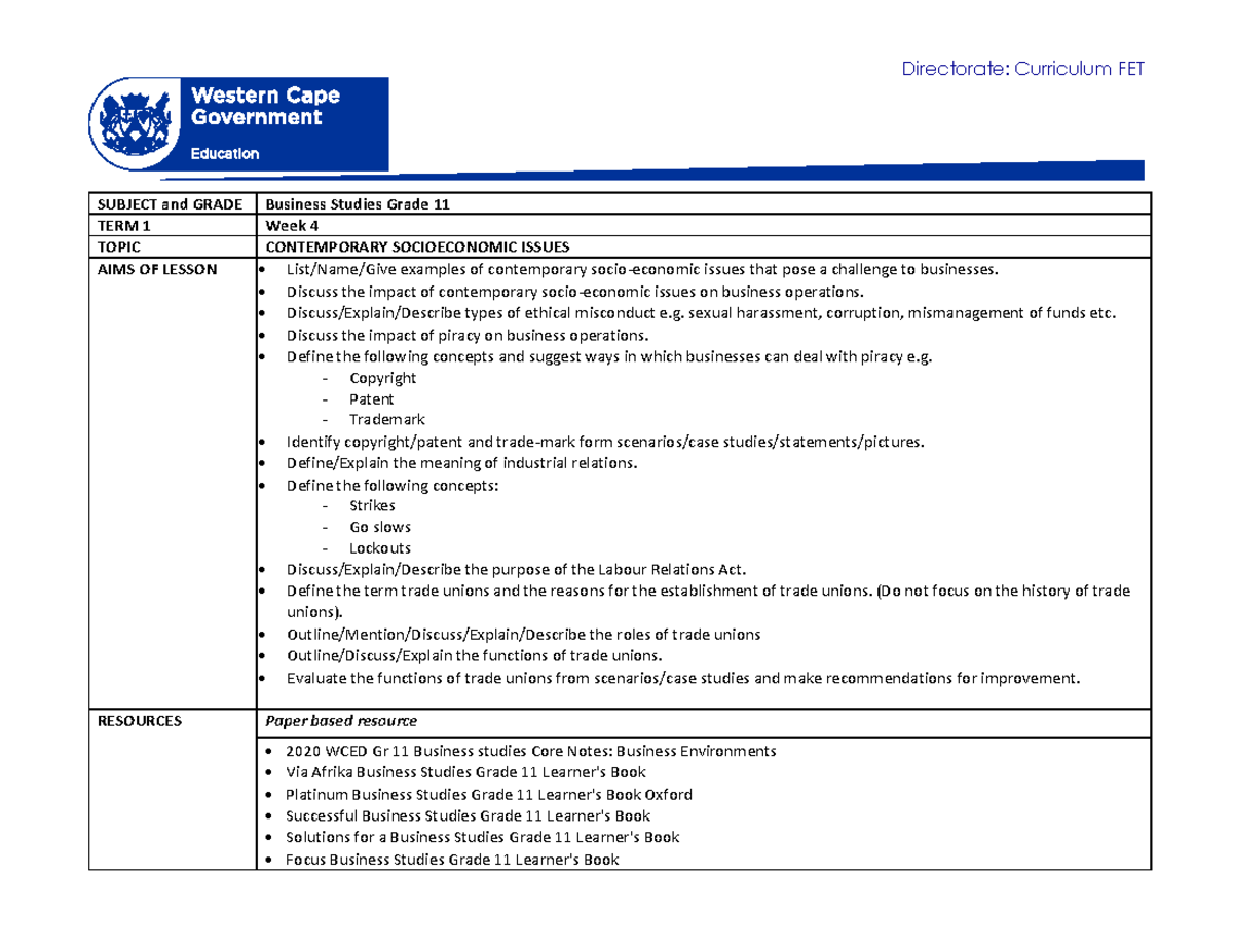Business Studies Gr 11 Term 1 Week 4: Socioeconomic Issues & Trade ...