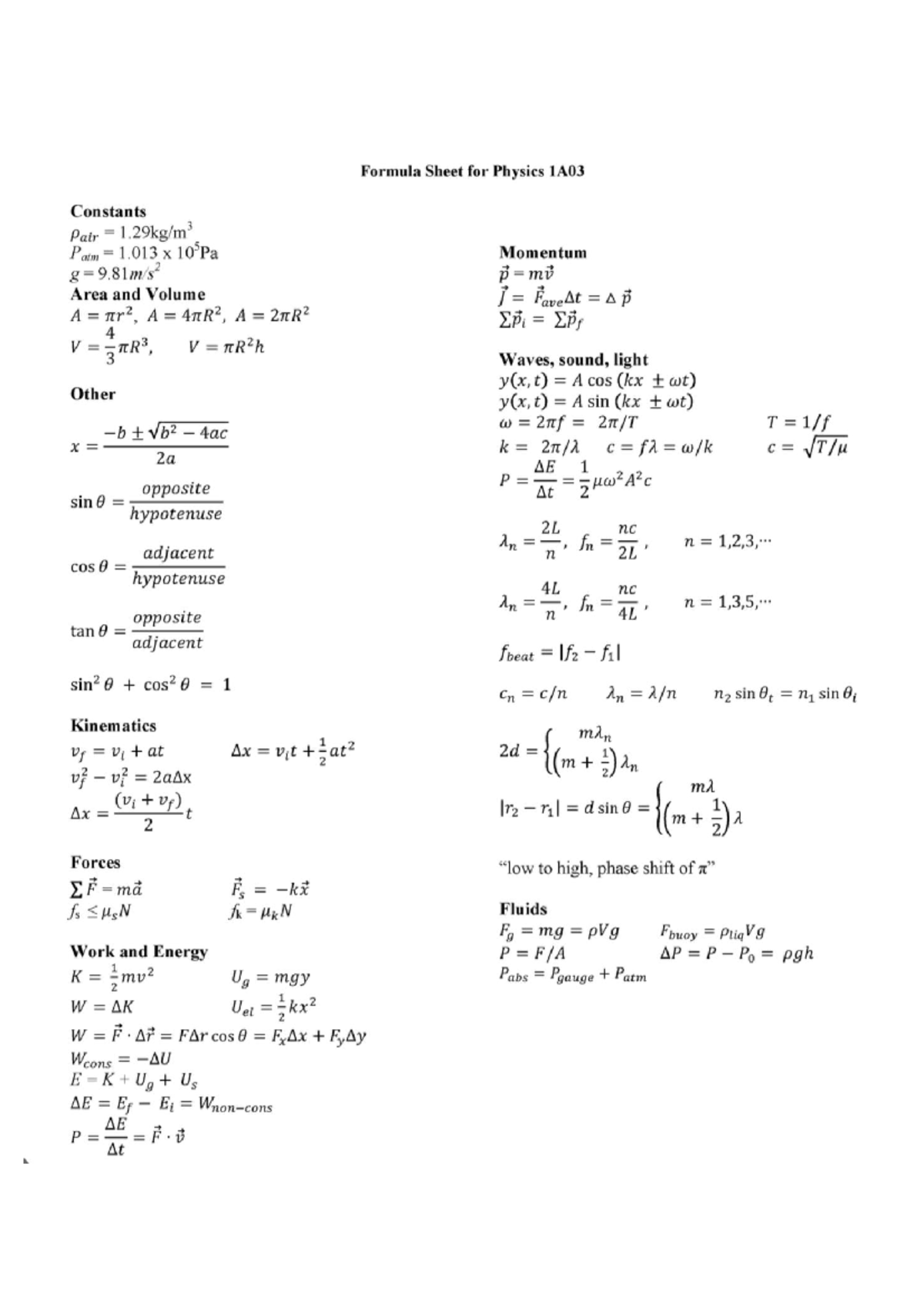 formula sheet physics - Formula Sheet for Physics 1A03 Constants Momentum Area and Volume A tr2 ...