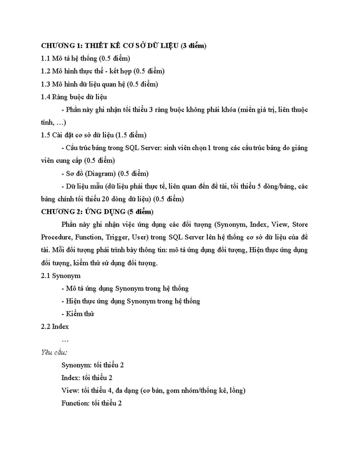 Hướng dẫn đồ án SQL Server - CHƯƠNG 1 : THIẾT KẾ CƠ SỞ DỮ LIỆU ( 3 điểm ...