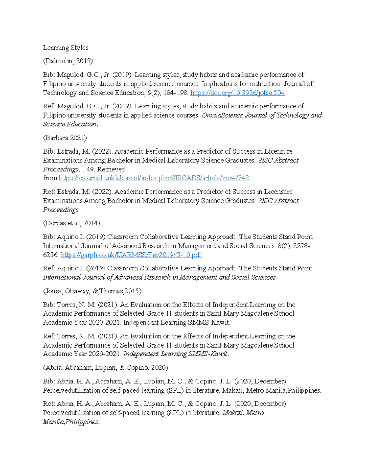 Bibliography and References for Learning Styles and Academic ...