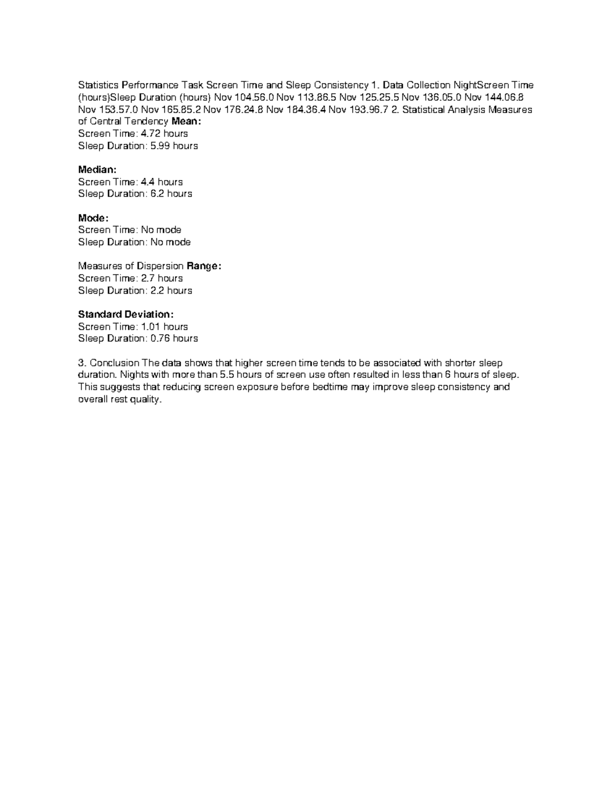 Statistics Performance Task: Screen Time vs. Sleep Consistency - Studocu