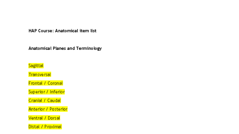 HAP Course: Anatomical Item List for Anatomy 2021 - Studeersnel