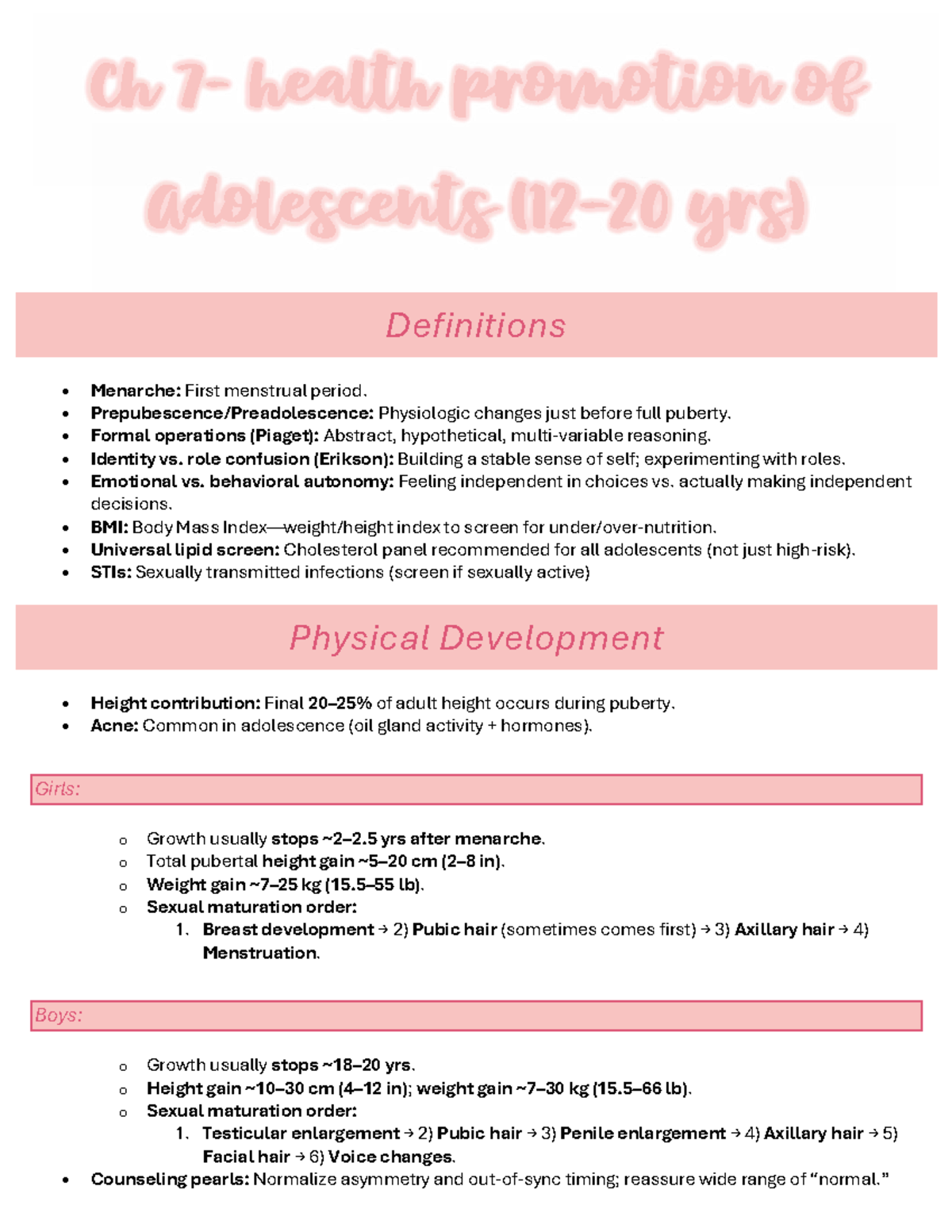 Ch 7 - Health Promotion of Adolescents (12-20 yrs) Overview - Studocu