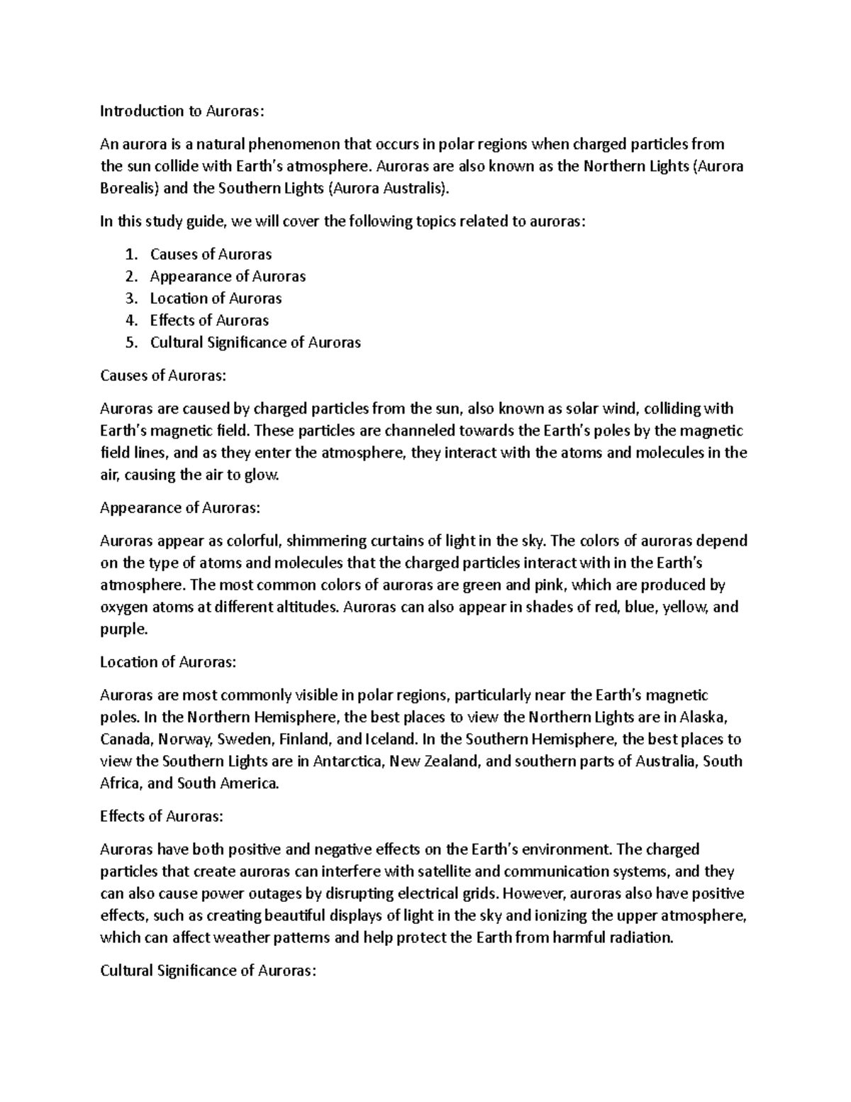 Understanding Auroras: Causes, Effects, and Cultural Significance - Studocu