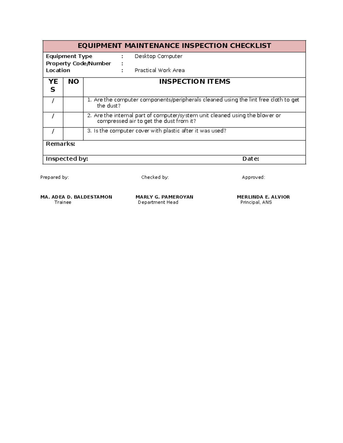 3 Equipment Maintenance Checklist - EQUIPMENT MAINTENANCE INSPECTION ...