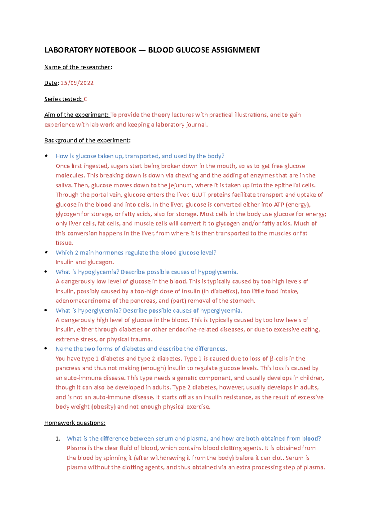Lab Journal MBC: Blood Glucose Tolerance Test & Analysis - Studeersnel