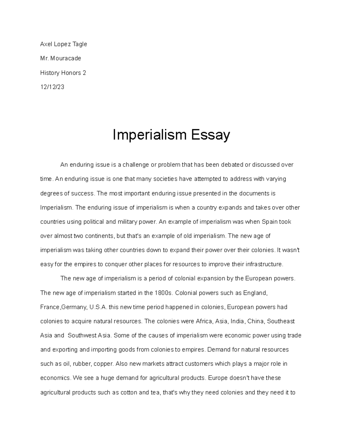 HIST 2: Enduring Issue Essay on Imperialism and Its Impact - Studocu