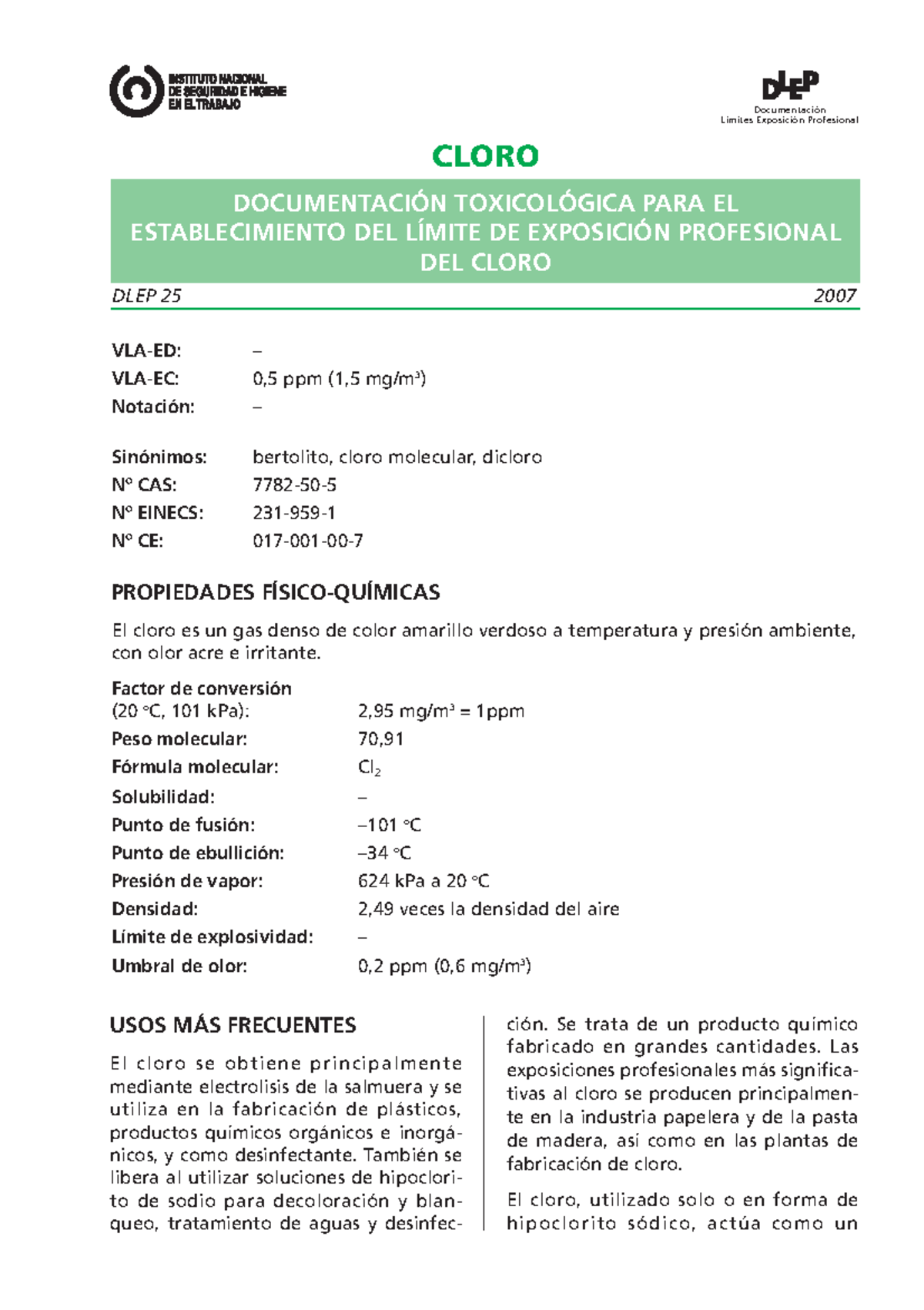 DLEP 25 - Resumen clorp - CLORO DOCUMENTACIÓN TOXICOLÓGICA PARA EL ...