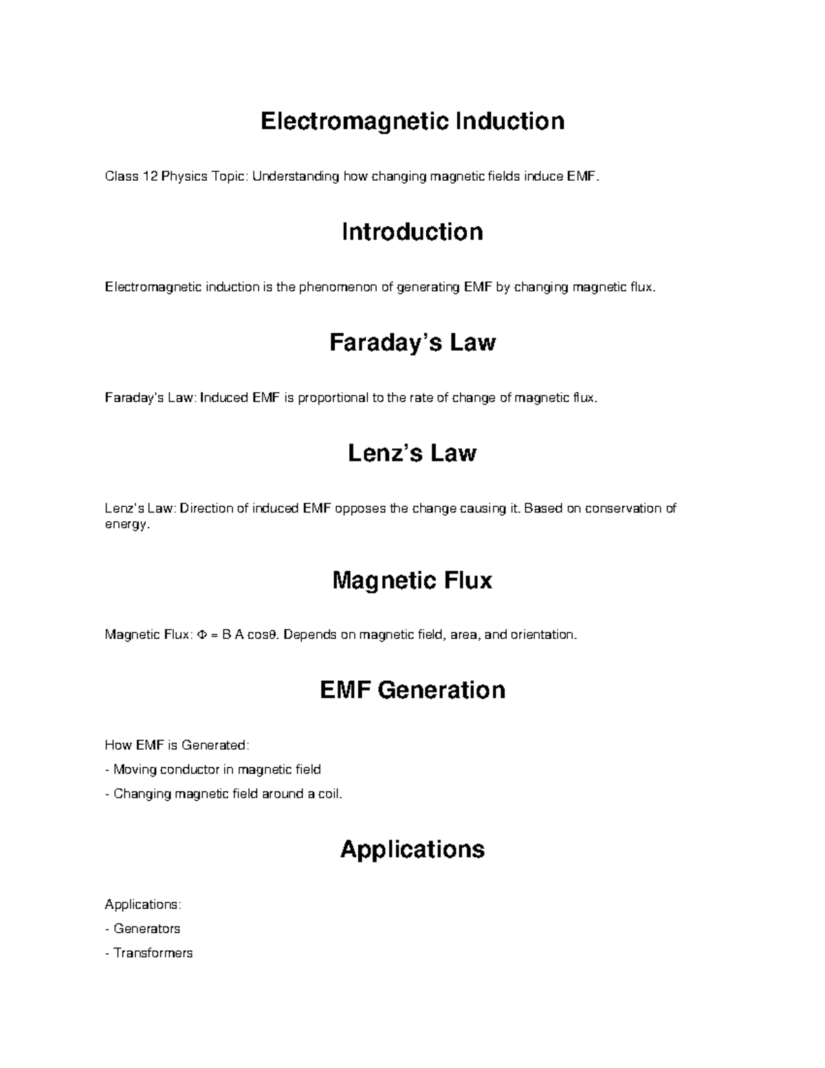 Physics Class 12: Electromagnetic Induction Overview and Applications ...