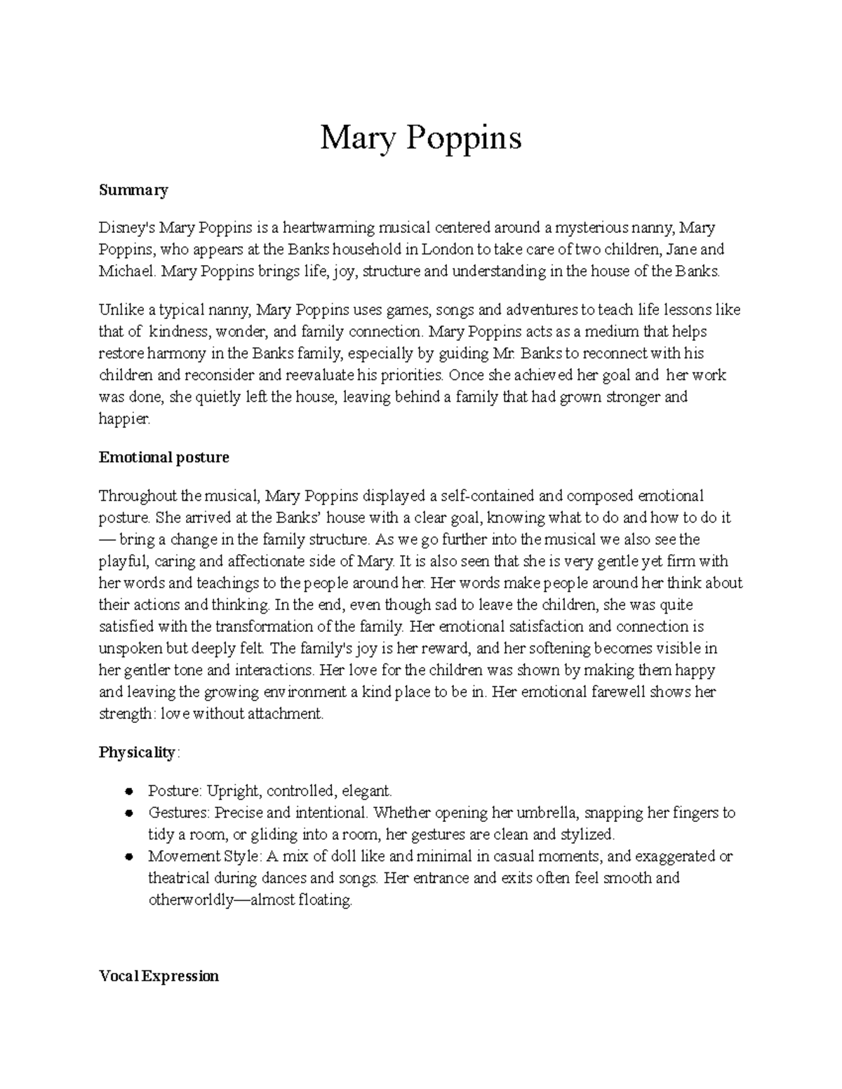 Mary Poppins (Course Code) - Character Vocal & Movement Analysis - Studocu