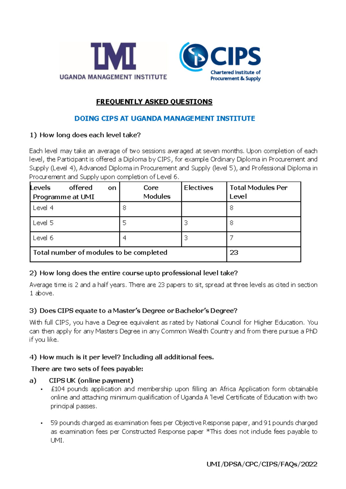 CIPS-FAQS-23 - Essential Information for CIPS at UMI - Studocu