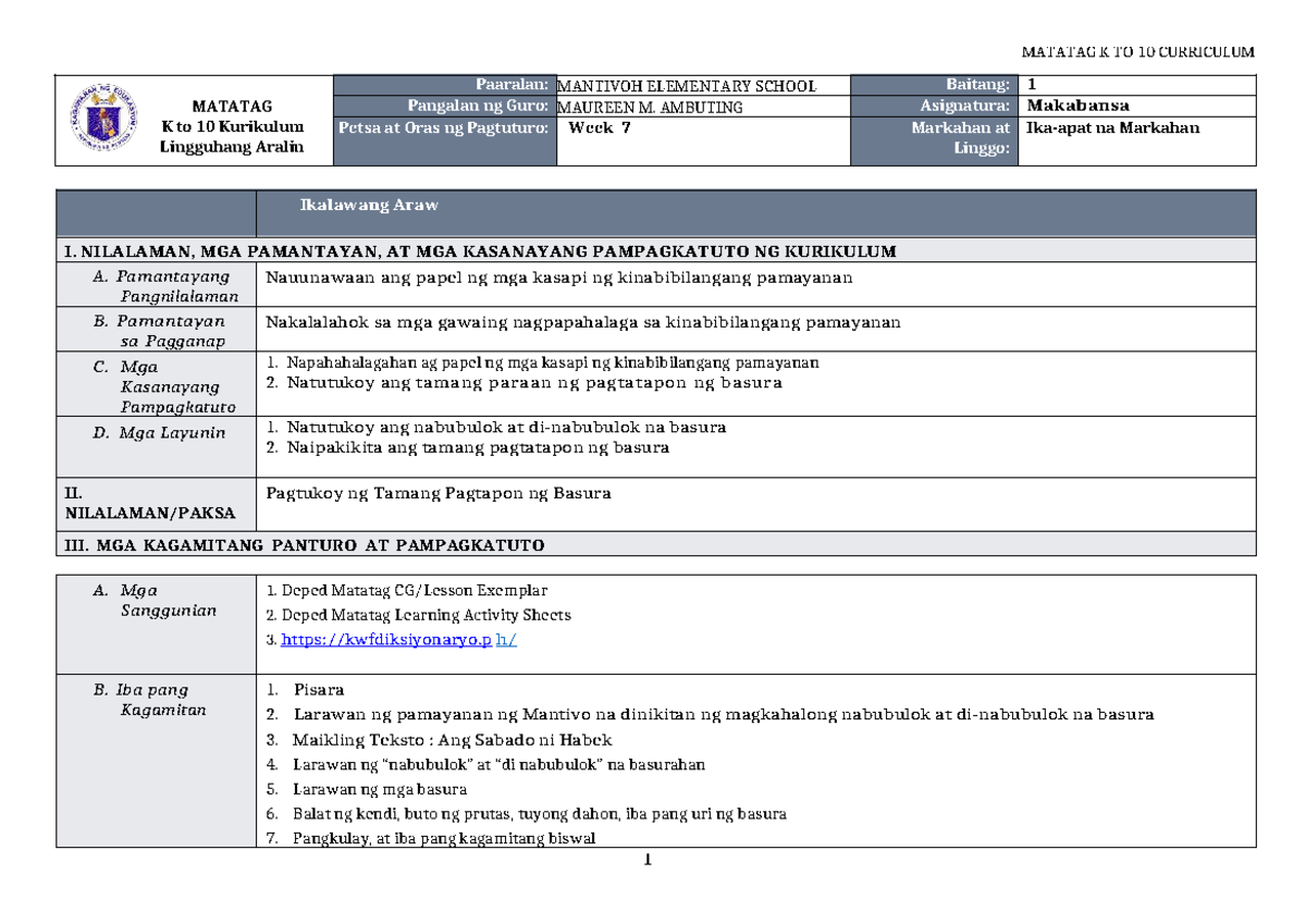 MATATAG K to 10 CURRICULUM: Makabansa 1 Q4 W2 Lesson Plan on Waste ...