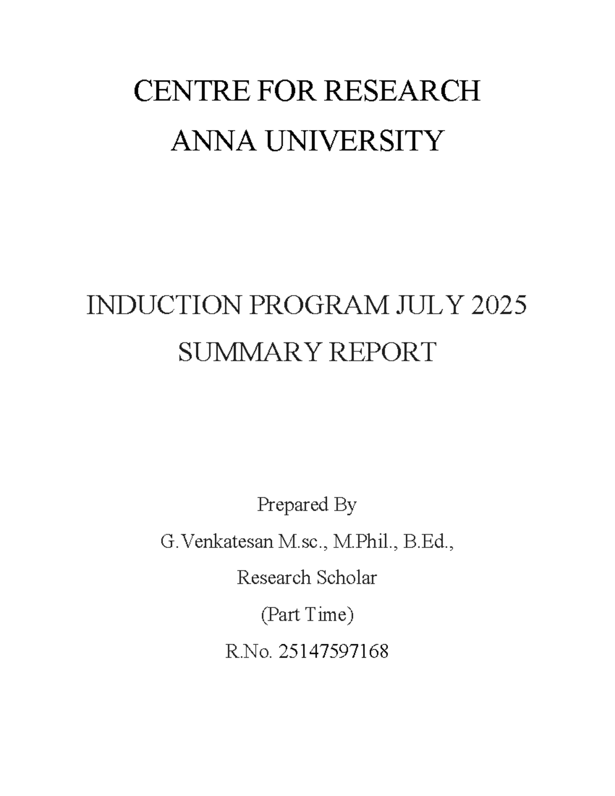 Induction Program Summary Report - Anna University July 2025 - Studocu