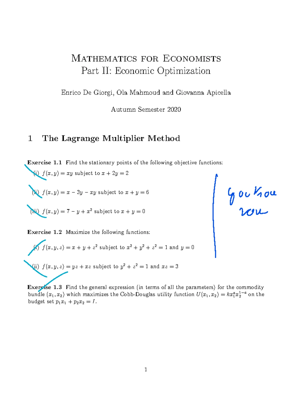 Math Econ Exercises Lecture 4b - Mathematics for Economists Part II ...