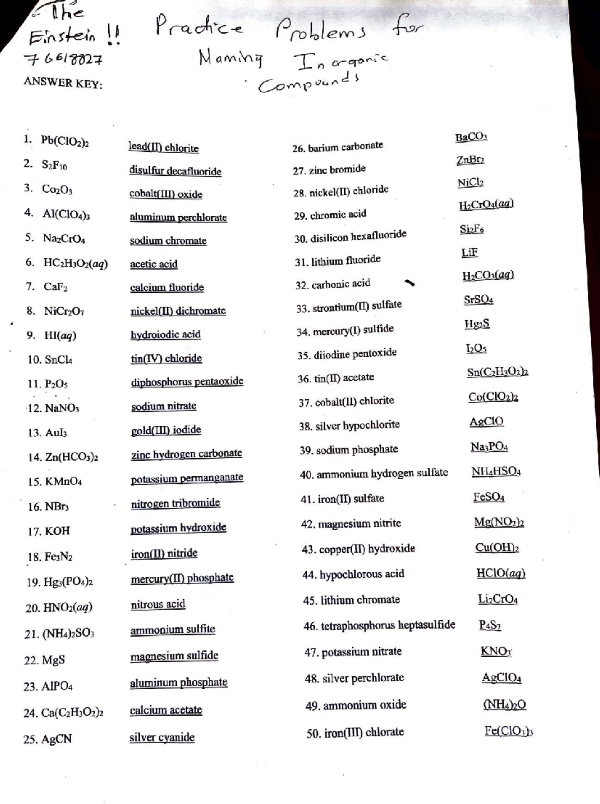 CHE-101 Final Exam: Answer Key for Naming Inorganic Compounds - Studocu